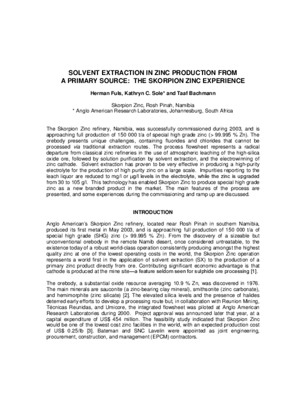 (PDF) Solvent Extraction in Zinc Production from a Primary Source: The ...