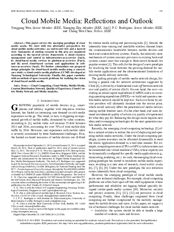 (PDF) Cloud Mobile Media: Reflections and Outlook