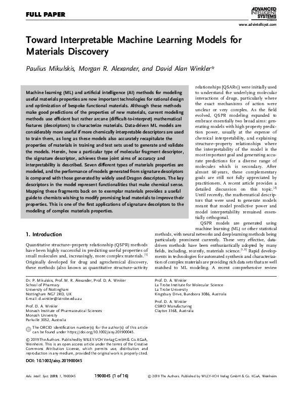 (PDF) Toward Interpretable Machine Learning Models for Materials Discovery