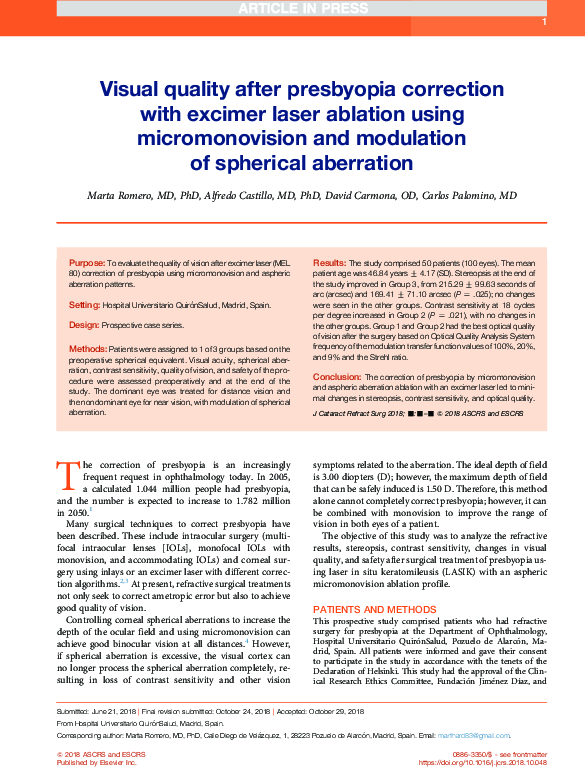 (PDF) Visual quality after presbyopia correction with excimer laser ...