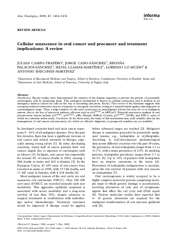 Pdf Cellular Senescence In Oral Cancer And Precancer And Treatment