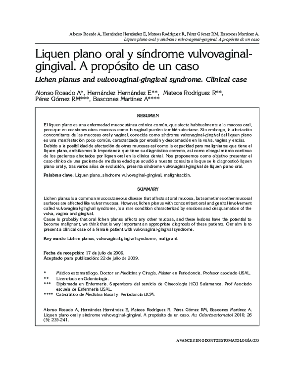 (PDF) Liquen plano oral y síndrome vulvovaginal-gingival: A propósito de un caso