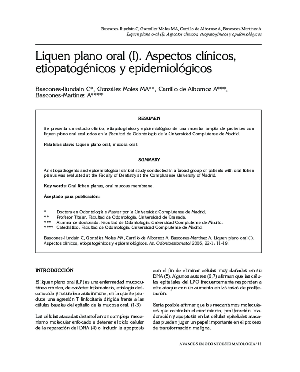 (PDF) Liquen plano oral (I): Aspectos clínicos, etiopatogénicos y epidemiológicos