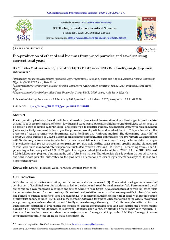 (PDF) Bio-production of ethanol and biomass from wood particles and ...