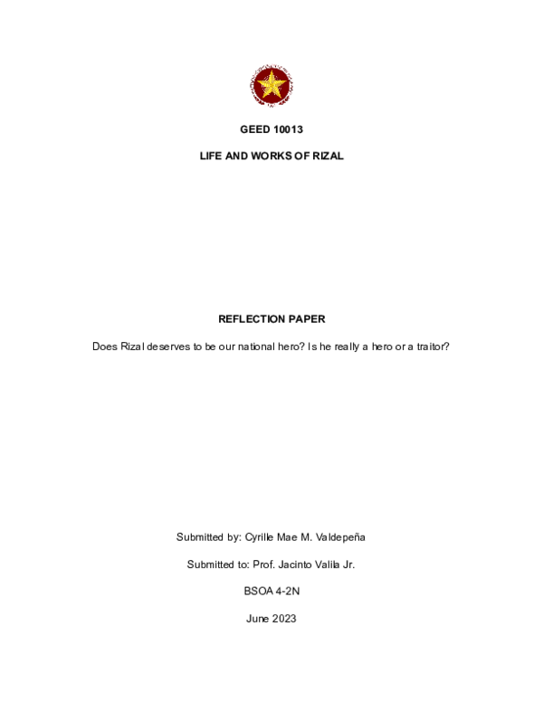 (DOC) Reflection Paper: Jose Rizal - Philippines' National Hero by ...