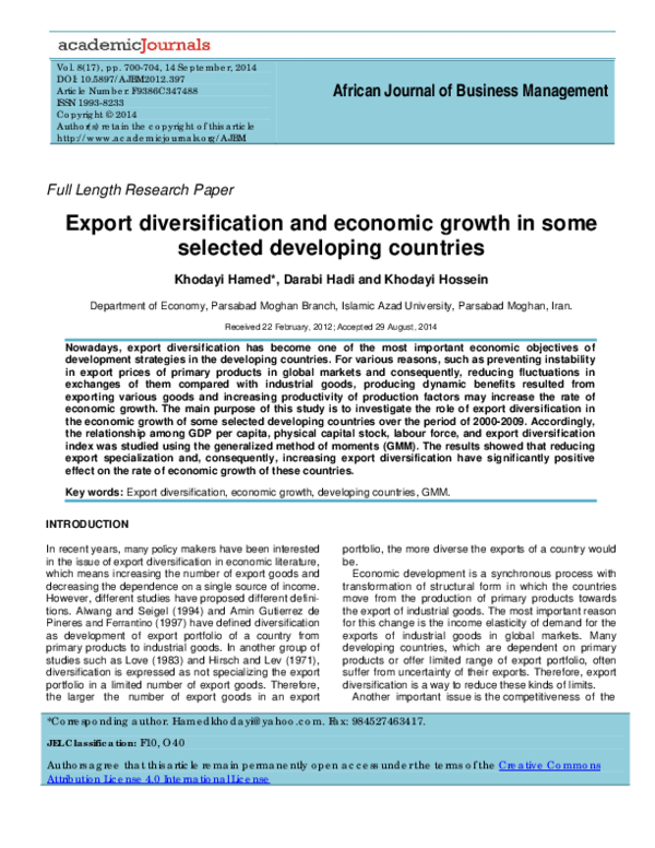 (PDF) Export diversification and economic growth in some selected ...