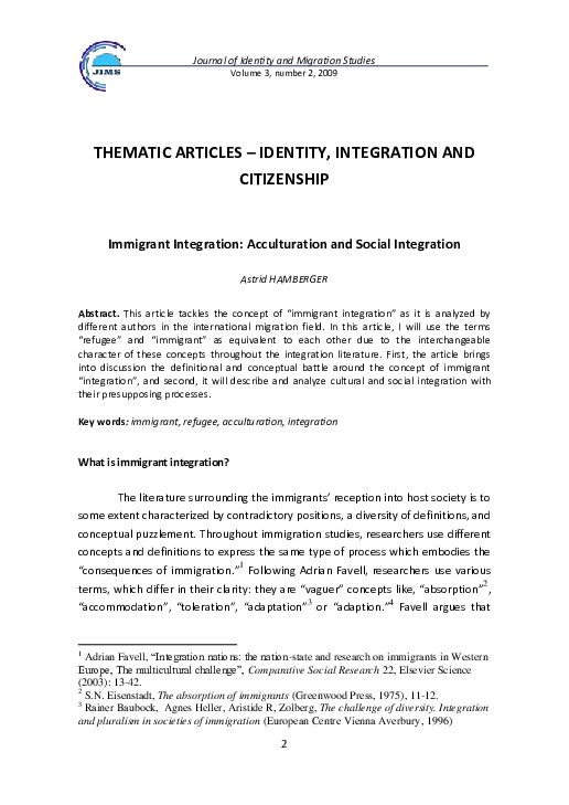 (PDF) Immigrant Integration: Acculturation and Social Integration