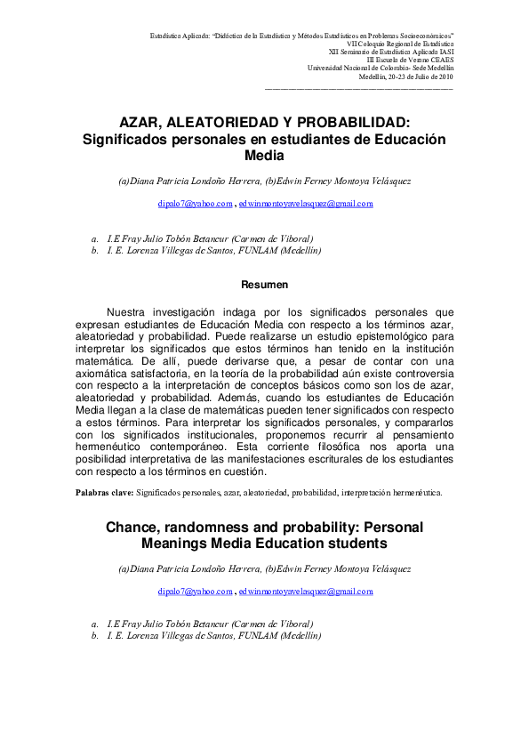 (PDF) Azar, aleatoriedad y probabilidad: significados personales en ...