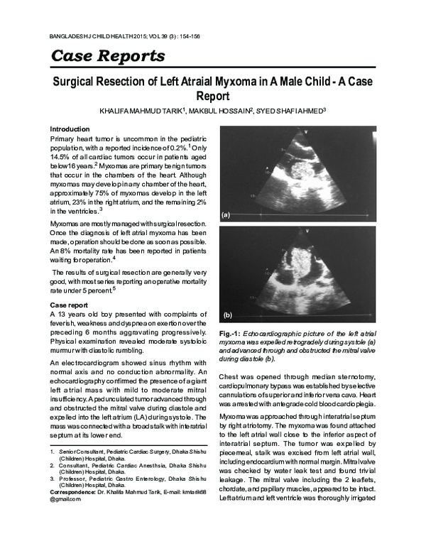 (PDF) Surgical Resection of Left Atraial Myxoma in A Male Child - A ...