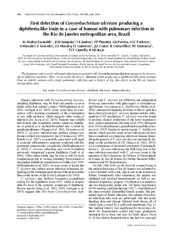 (PDF) First detection of Corynebacterium ulcerans producing a ...