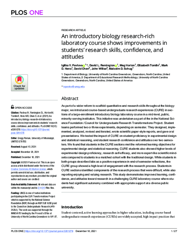 (PDF) An introductory biology research-rich laboratory course shows ...