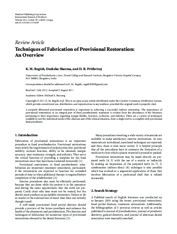 (PDF) Techniques of fabrication of provisional restoration: an overview