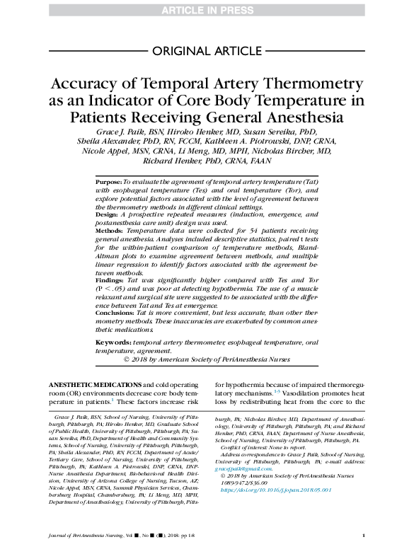 (PDF) Accuracy of Temporal Artery Thermometry as an Indicator of Core Body Temperature in ...