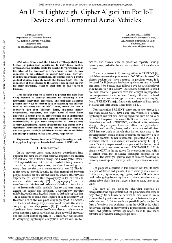 (PDF) An Ultra Lightweight Cipher Algorithm For IoT Devices and Unmanned Aerial Vehicles | Noura ...