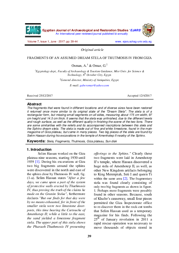 (PDF) Fragments of an Assumed Dream Stela of Thutmosis IV from Giza