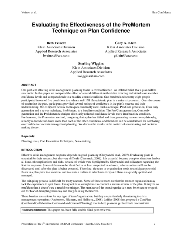 (PDF) Evaluating the Effectiveness of the PreMortem Technique on Plan ...