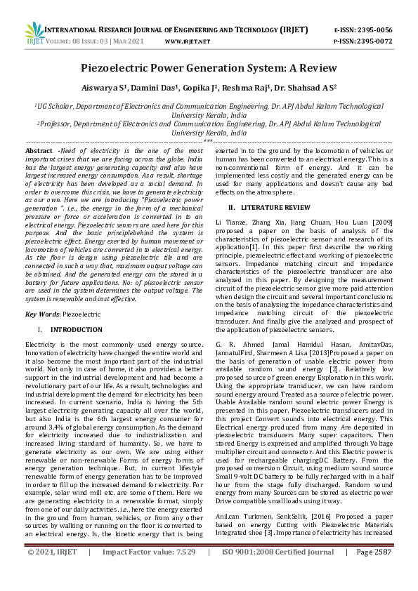 (PDF) Piezoelectric Power Generation System: A Review | Damini Das ...
