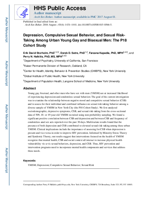 (PDF) Depression, Compulsive Sexual Behavior, and Sexual Risk-Taking ...