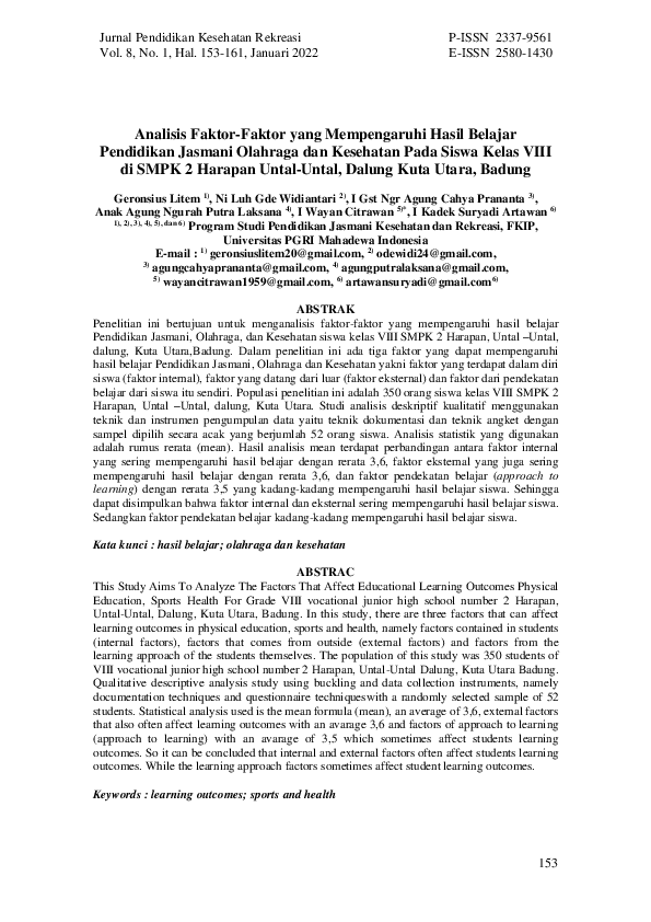 (PDF) Analisis Faktor-Faktor yang Mempengaruhi Hasil Belajar Pendidikan Jasmani Olahraga dan ...