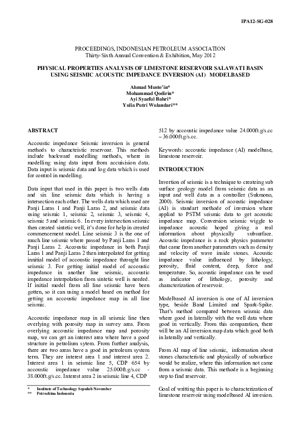 (PDF) Physical Properties Analysis Of Limestone Reservoir Salawati Basin Using Seismic Acoustic ...