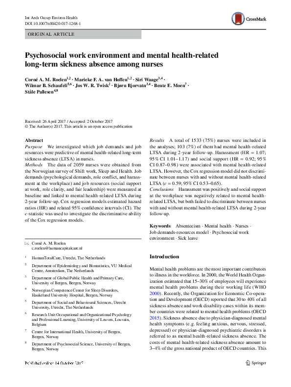 (PDF) Psychosocial work environment and mental health among ...