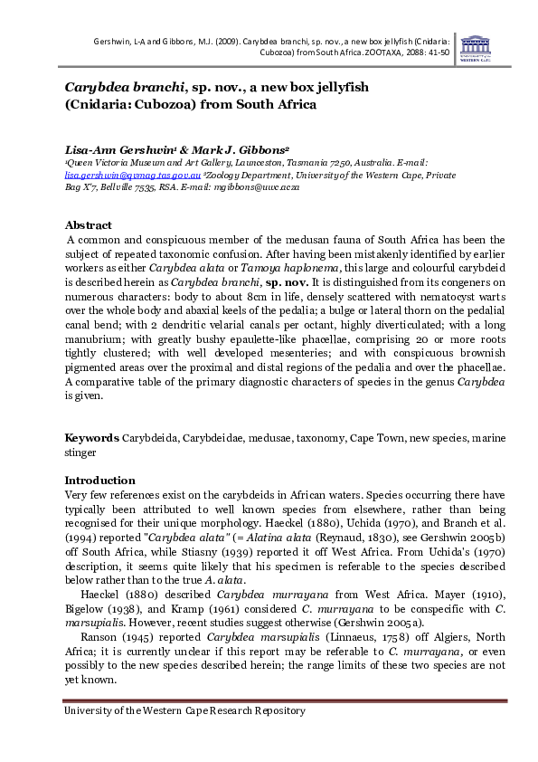 (PDF) Carybdea branchi, sp. nov., a new box jellyfish (Cnidaria ...