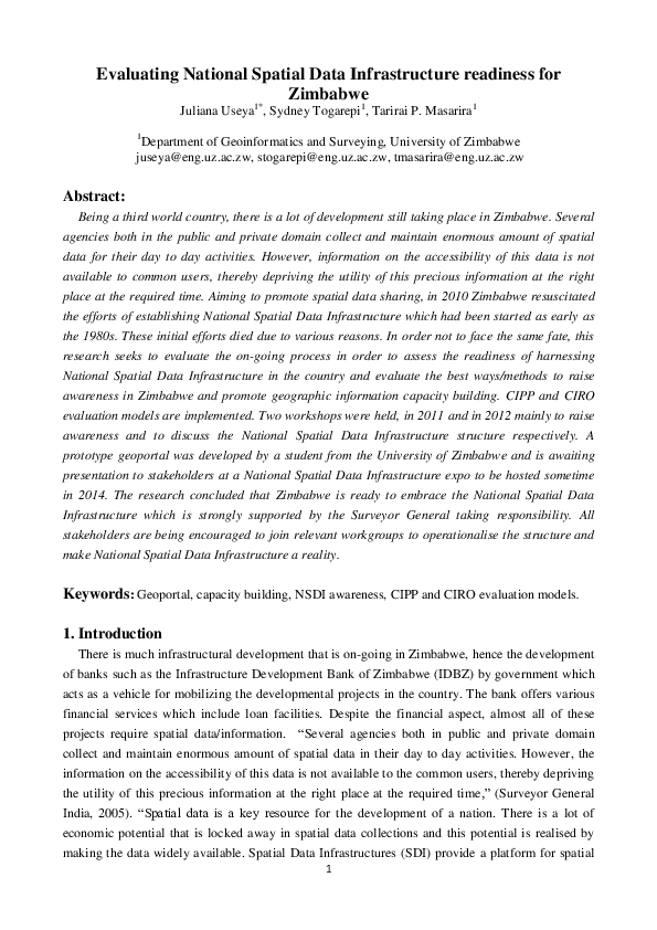(PDF) Evaluating National Spatial Data Infrastructure Readiness for Zimbabwe