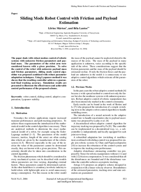 (PDF) Sliding Mode Robot Control with Friction and Payload Estimation