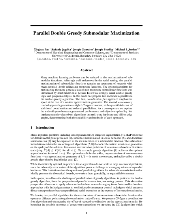 (PDF) Parallel double greedy submodular maximization