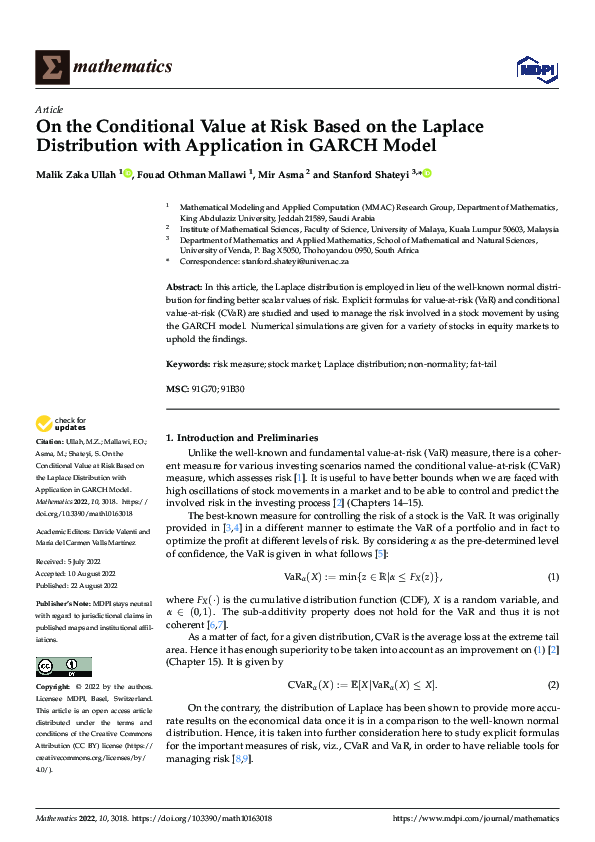 (PDF) On the Conditional Value at Risk Based on the Laplace Distribution with Application in ...