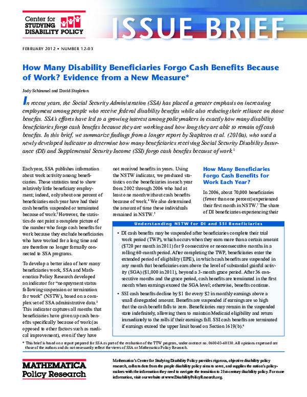 (PDF) How Many Disability Beneficiaries Forgo Cash Benefits Because of ...