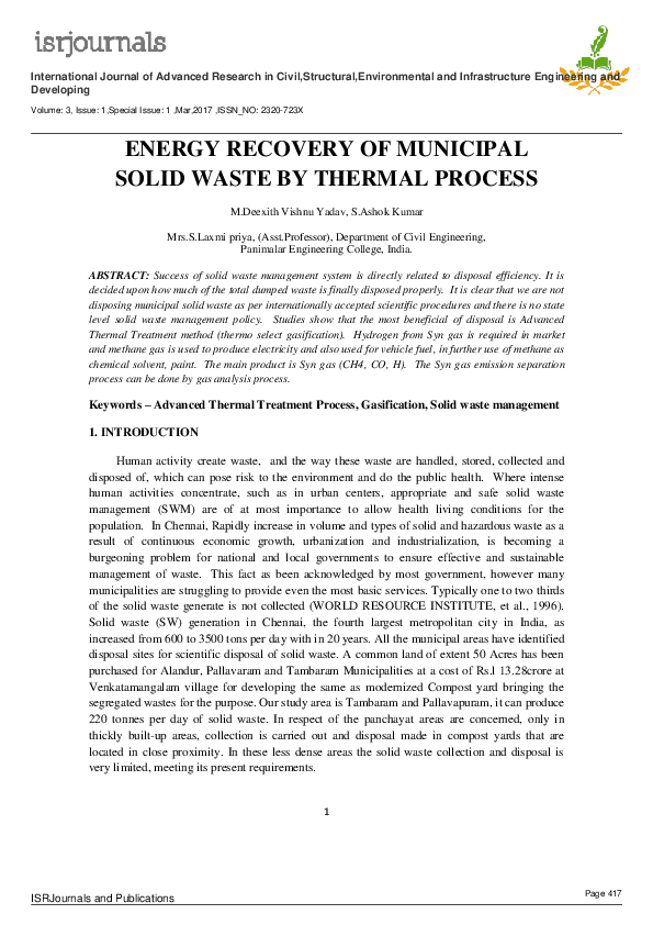 (PDF) Energy Recovery of Municipal Solid Waste by Thermal Process