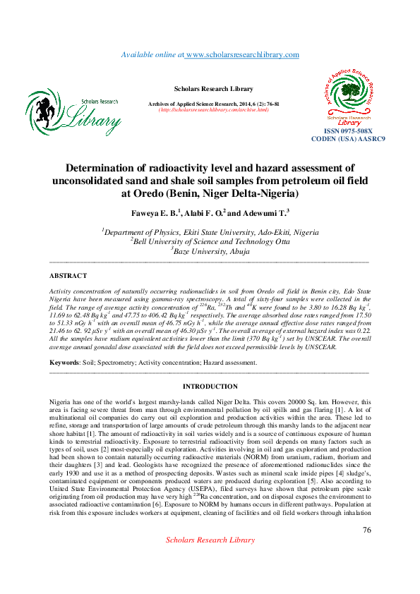 (PDF) Determination of radioactivity level and hazard assessment of ...
