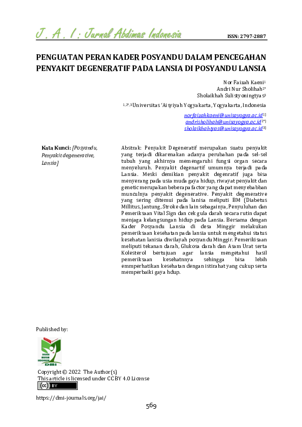 (PDF) Penguatan Peran Kader Posyandu Dalam Pencegahan Penyakit Degeneratif Pada Lansia DI ...