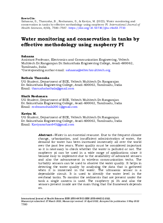 (PDF) Water monitoring and conservation in tanks by effective methodology using raspberry PI