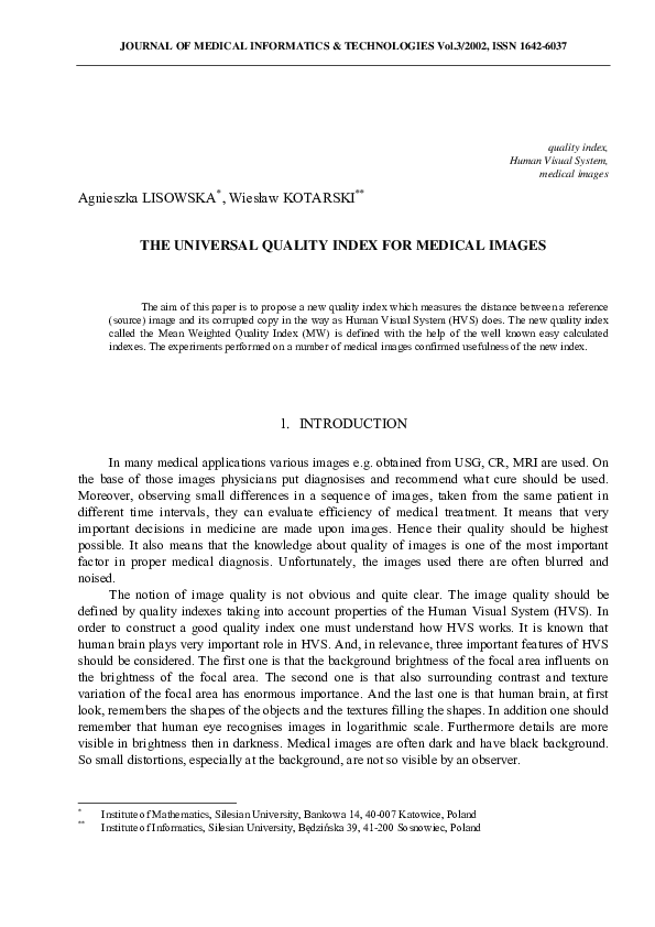 (PDF) The universal quality index for medical images