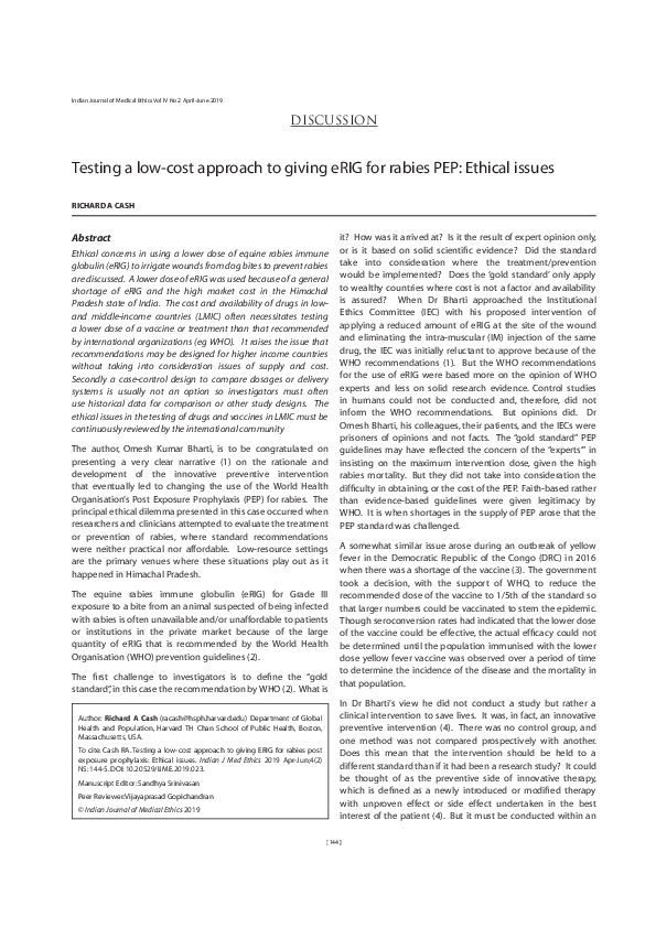 (PDF) Testing a low-cost approach to giving eRIG for rabies PEP ...