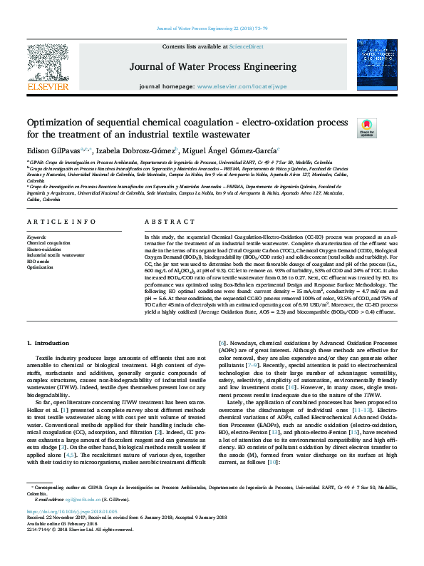 (PDF) Optimization of sequential chemical coagulation - electro-oxidation process for the ...