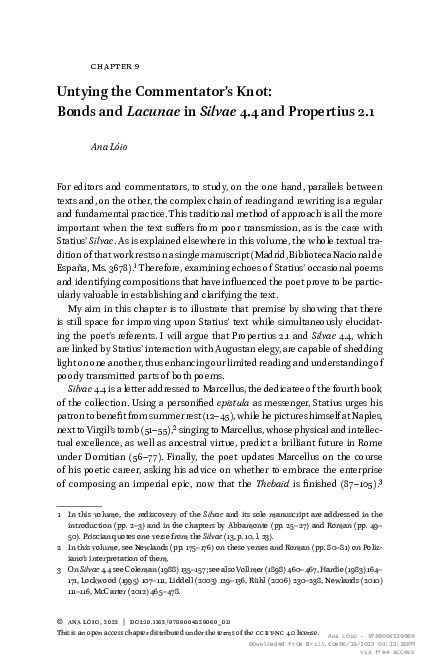 (PDF) Untying the Commentator’s Knot: Bonds and Lacunae in Silvae 4.4 and Propertius 2.1