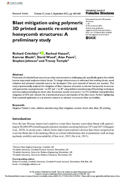 (PDF) Blast mitigation using polymeric 3D printed auxetic re-entrant honeycomb structures: A ...
