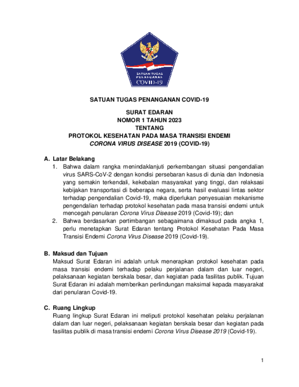 (PDF) SURAT EDARAN SATUAN TUGAS PENANGANAN COVID-19 NOMOR 1 TAHUN 2023 ...