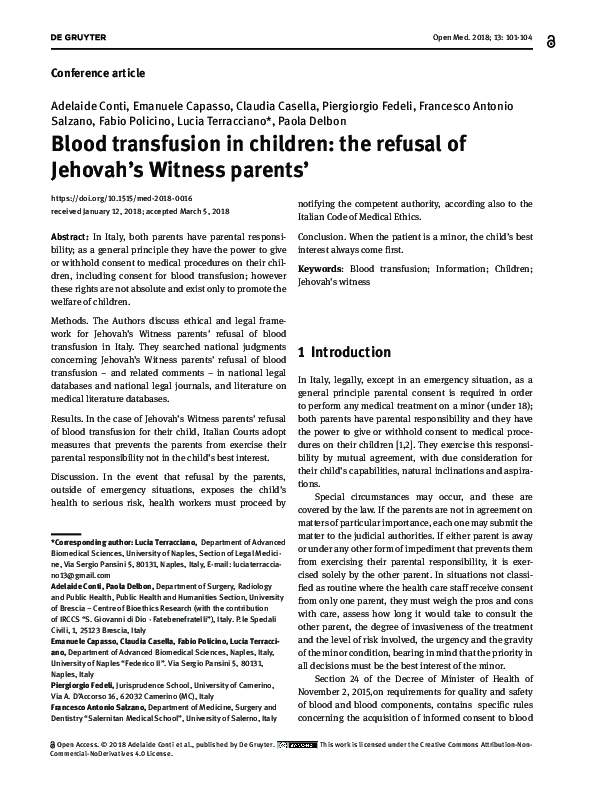 (PDF) Blood transfusion in children: the refusal of Jehovah’s Witness parents’