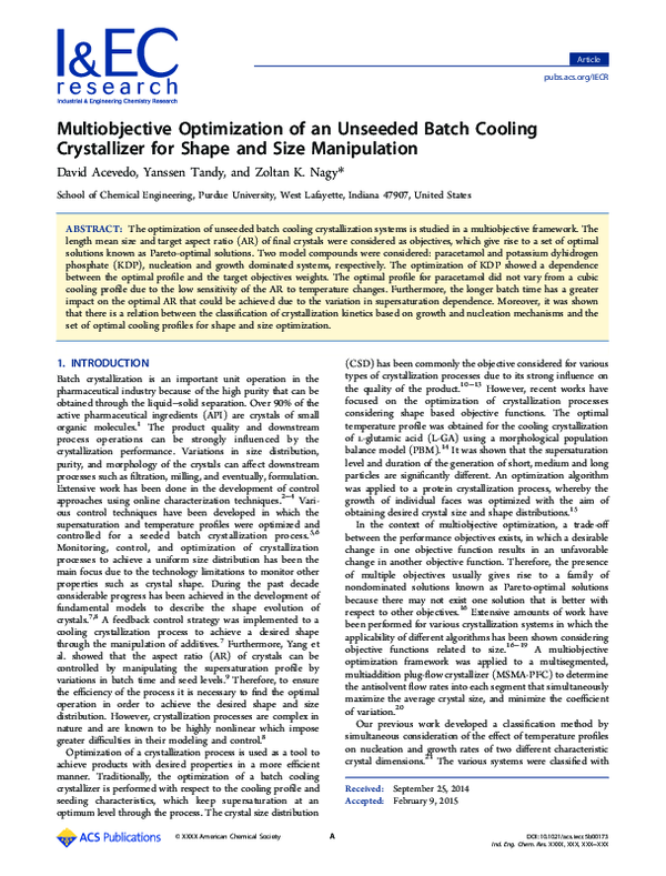 (PDF) Multiobjective Optimization of an Unseeded Batch Cooling Crystallizer for Shape and Size ...