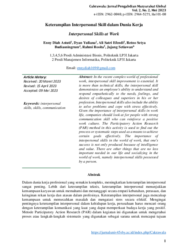 (PDF) Keterampilan Interpersonal Skill dalam Dunia Kerja