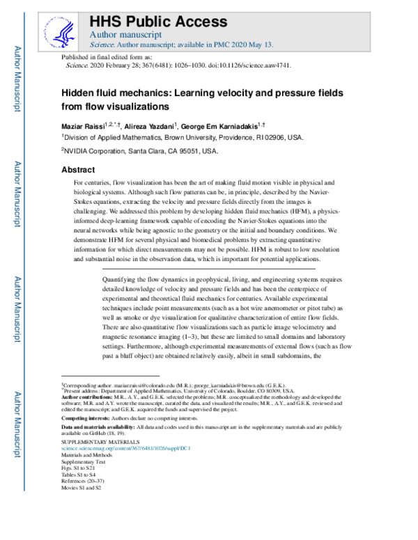 (PDF) Hidden fluid mechanics: Learning velocity and pressure fields from flow visualizations