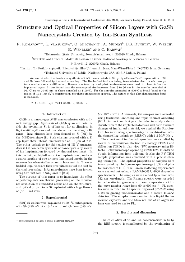 (PDF) Structure and optical properties of silicon layers with GaSb nanocrystals created by ion ...