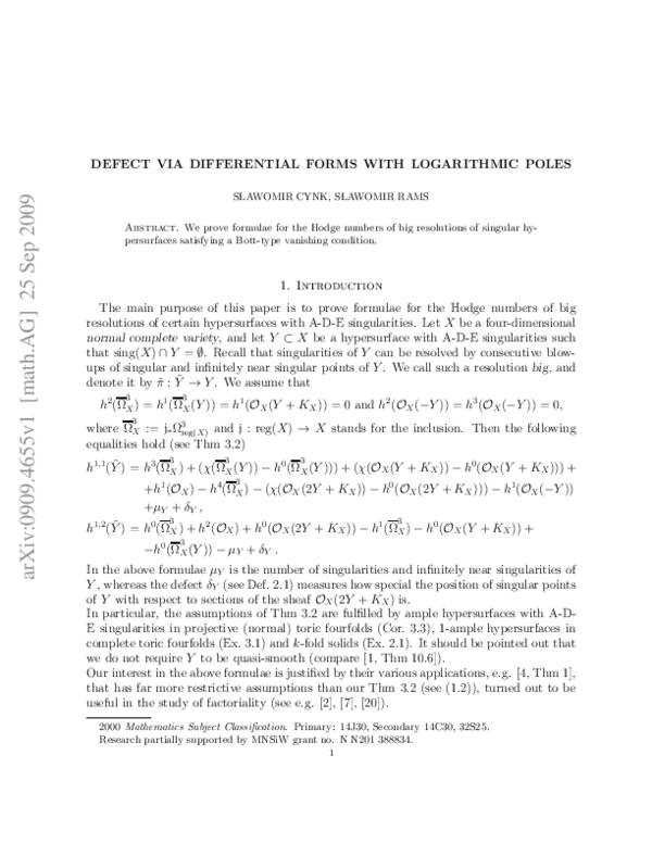 Pdf Defect Via Differential Forms With Logarithmic Poles Sławomir