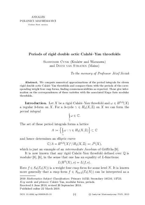 (PDF) Periods of rigid double octic Calabi–Yau threefolds | Sławomir Cynk - Academia.edu