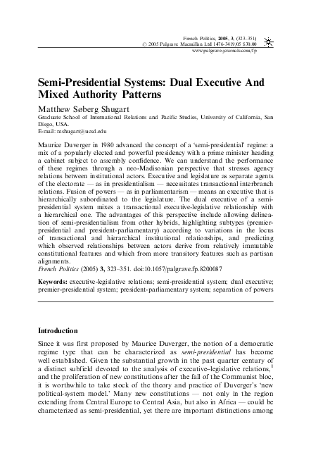 (PDF) Semi-Presidential Systems: Dual Executive And Mixed Authority ...