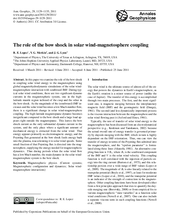 (PDF) The role of the bow shock in solar wind-magnetosphere coupling
